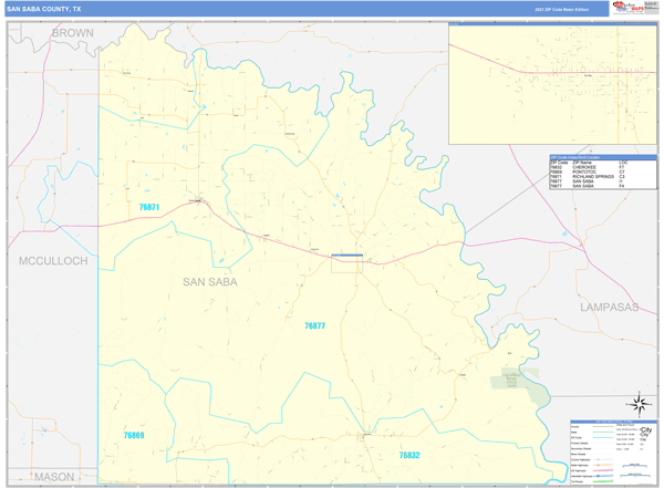 San Saba County, TX Zip Code Wall Map Basic Style by MarketMAPS