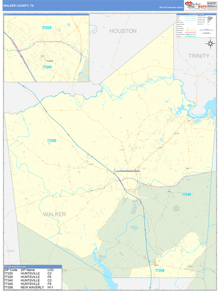 Walker County, TX Zip Code Wall Map Basic Style by MarketMAPS