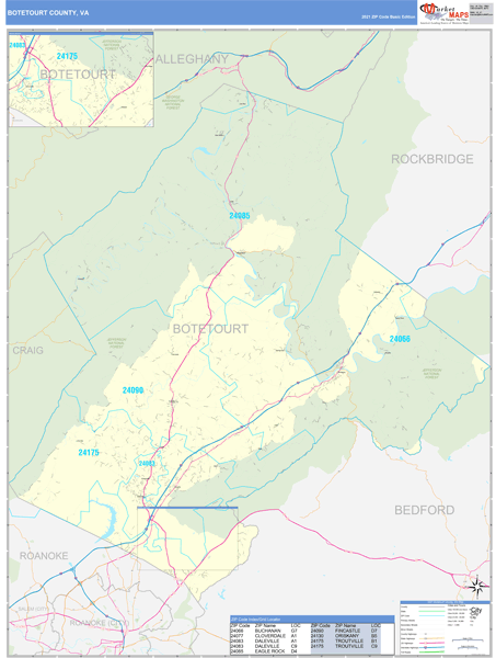 Botetourt County, VA Zip Code Wall Map Basic Style by MarketMAPS