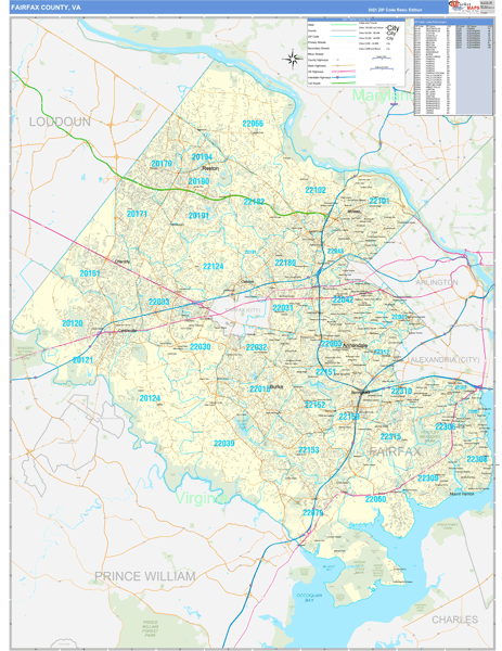 Fairfax County, VA Zip Code Wall Map Basic Style by MarketMAPS
