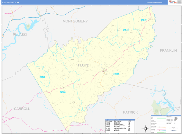 Floyd County, VA Zip Code Wall Map Basic Style by MarketMAPS