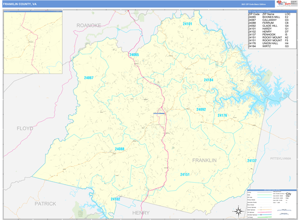 Franklin County, VA Zip Code Wall Map Basic Style by MarketMAPS