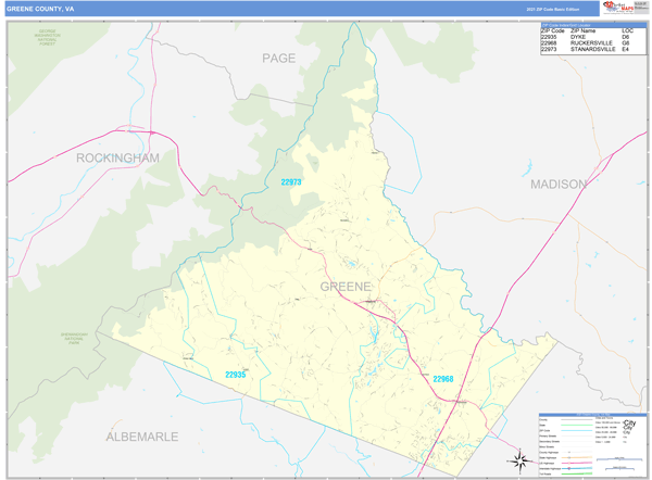 Greene County, VA Zip Code Wall Map Basic Style by MarketMAPS