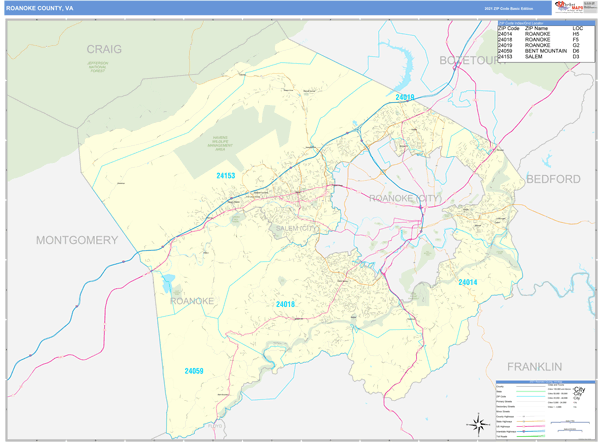 Roanoke County, VA Zip Code Wall Map Basic Style by MarketMAPS