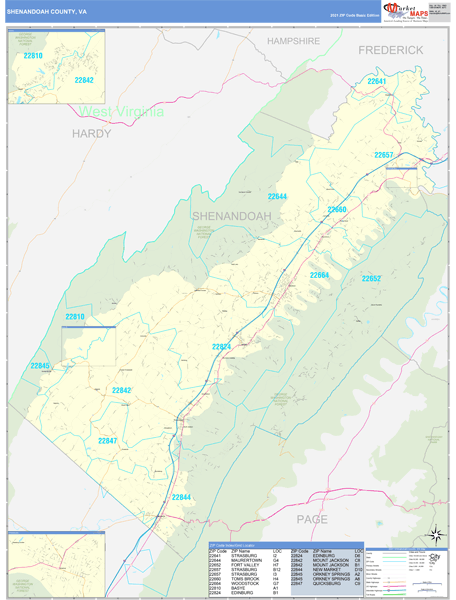 Shenandoah County, VA Zip Code Wall Map Basic Style by MarketMAPS