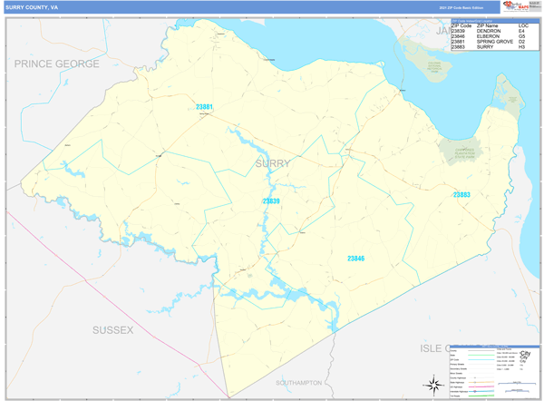 Surry County, VA Zip Code Wall Map Basic Style by MarketMAPS