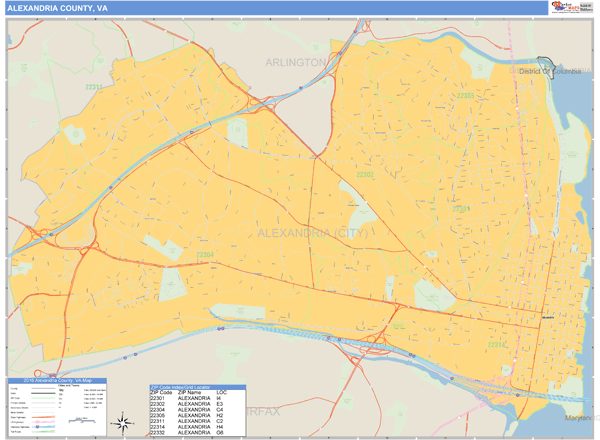 Alexandria County, VA Zip Code Wall Map Basic Style by MarketMAPS