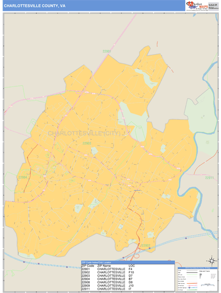 Charlottesville County, VA Zip Code Wall Map Basic Style by MarketMAPS