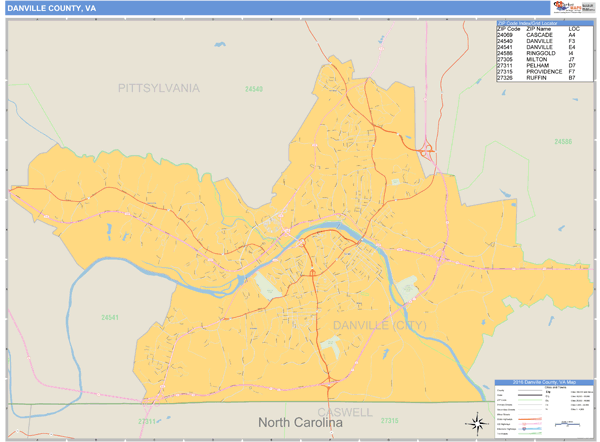 Danville County, VA Carrier Route Wall Map Basic Style by MarketMAPS
