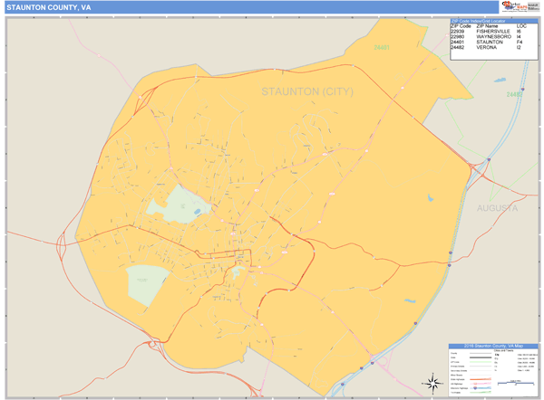 Staunton County, VA Zip Code Wall Map Basic Style by MarketMAPS