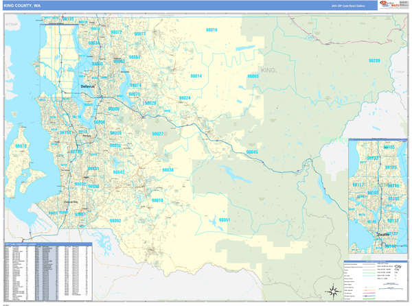 King County, WA Zip Code Wall Map Basic Style by MarketMAPS