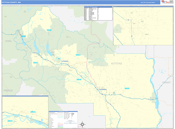 Kittitas County, WA Wall Map Basic Style by MarketMAPS