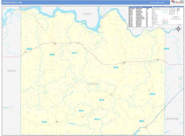Lincoln County, WA Zip Code Wall Map Basic Style by MarketMAPS