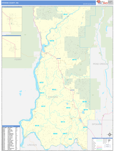 Stevens County, WA Zip Code Wall Map Basic Style by MarketMAPS