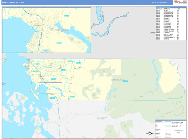 Whatcom County, WA Zip Code Wall Map Basic Style by MarketMAPS