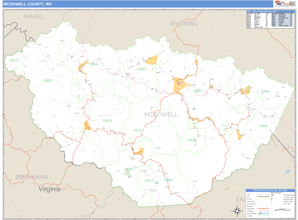 McDowell County, WV Zip Code Wall Map Basic Style by MarketMAPS