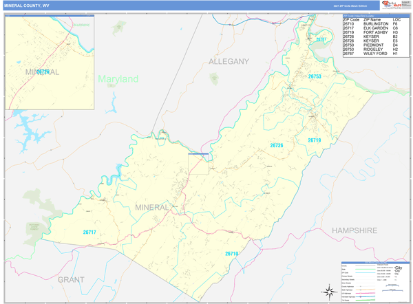Mineral County, WV Zip Code Wall Map Basic Style by MarketMAPS