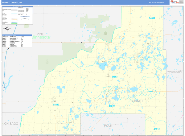 Burnett County, WI Zip Code Wall Map Basic Style by MarketMAPS