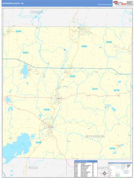 Jefferson County, WI Zip Code Wall Map Basic Style by MarketMAPS