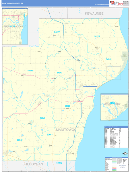 Manitowoc County, WI Zip Code Wall Map Basic Style by MarketMAPS