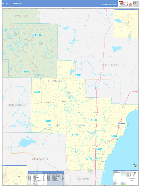 Oconto County, WI Zip Code Wall Map Basic Style by MarketMAPS