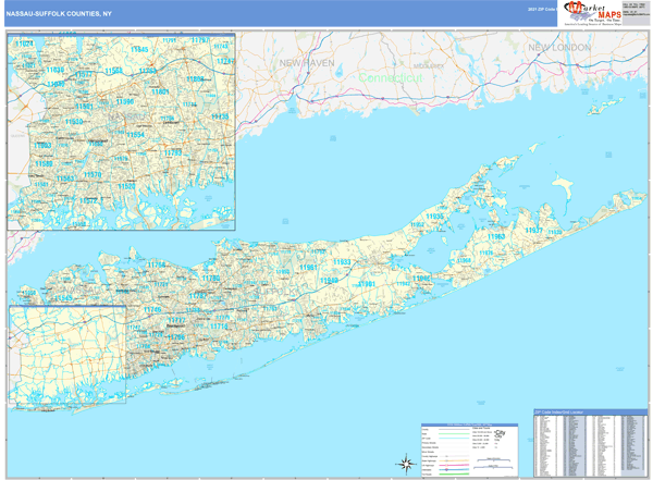 Nassau-Suffolk County, NY Zip Code Wall Map Basic Style by MarketMAPS