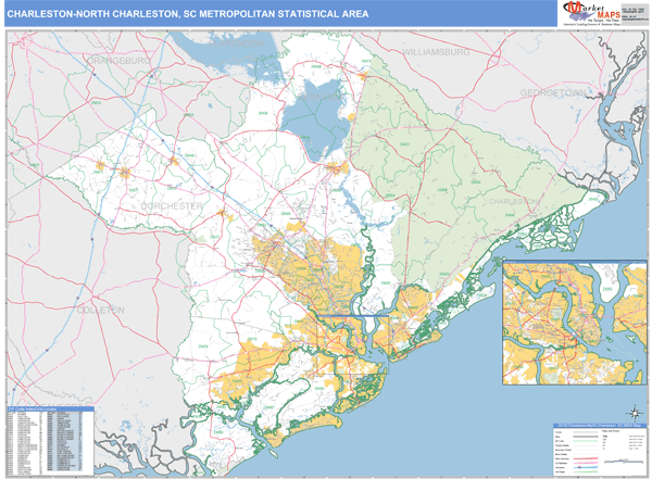 Charleston-North Charleston, SC Metro Area Wall Map Basic Style by ...