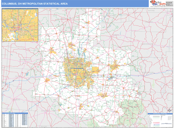 Columbus, OH Metro Area Zip Code Wall Map Basic Style by MarketMAPS