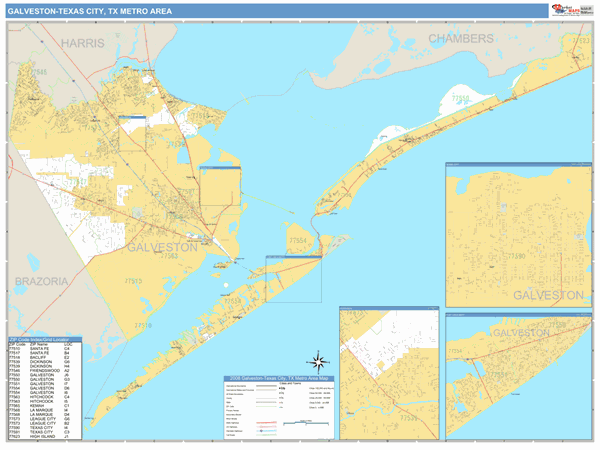 Galveston-Texas City, TX Metro Area Zip Code Wall Map Basic Style by ...