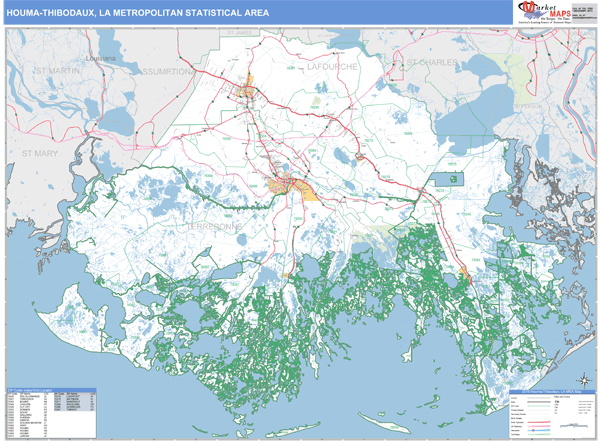 Houma-Thibodaux, LA Metro Area Wall Map Basic Style by MarketMAPS