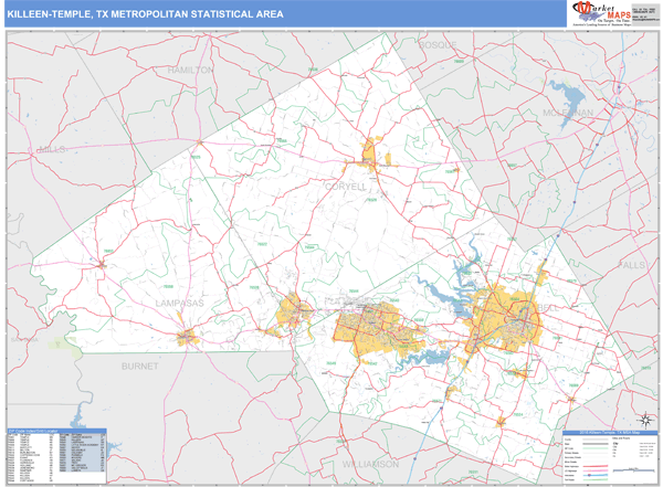 Killeen-Temple, TX Metro Area Zip Code Wall Map Basic Style by MarketMAPS