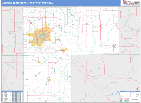 Lubbock, TX Metro Area Zip Code Wall Map Basic Style by MarketMAPS