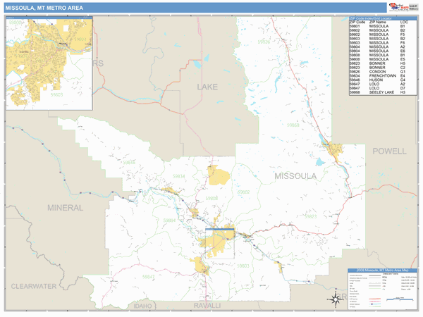 Missoula, MT Metro Area Zip Code Wall Map Basic Style by MarketMAPS