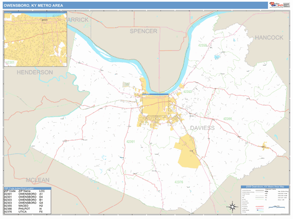 Owensboro, KY Metro Area Zip Code Wall Map Basic Style by MarketMAPS