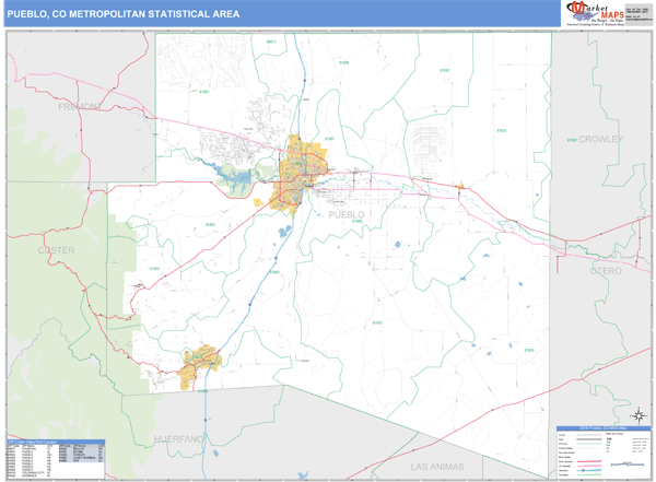 Pueblo, CO Metro Area Zip Code Wall Map Basic Style by MarketMAPS