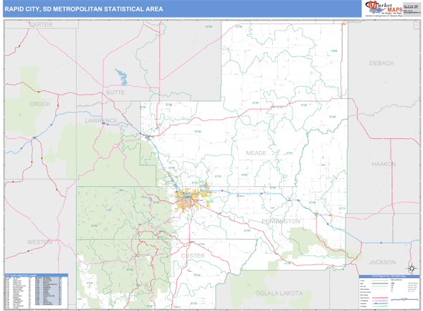 Rapid City, SD Metro Area Wall Map Basic Style by MarketMAPS
