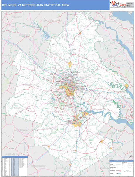 Richmond VA Metro Area Zip Code Wall Map Basic Style By MarketMAPS richmond-va-metro-area-zip-code-wall-map-basic-style-by-marketmaps