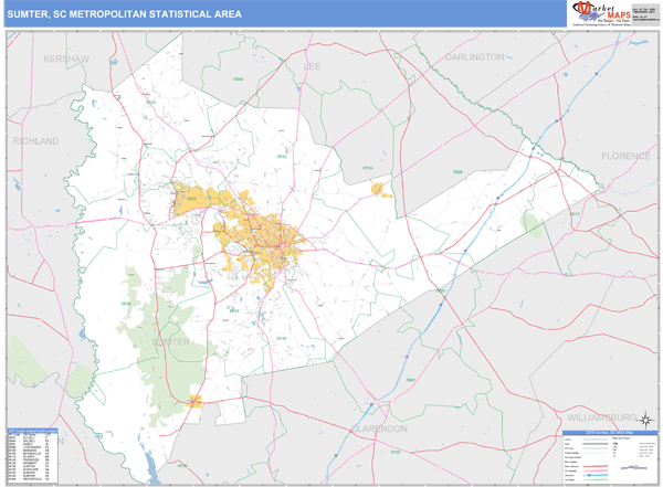 Sumter, SC Metro Area Wall Map Basic Style by MarketMAPS