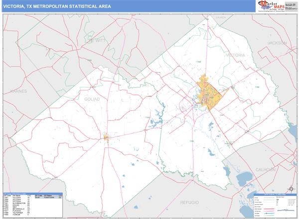 Victoria, TX Metro Area Zip Code Wall Map Basic Style by MarketMAPS