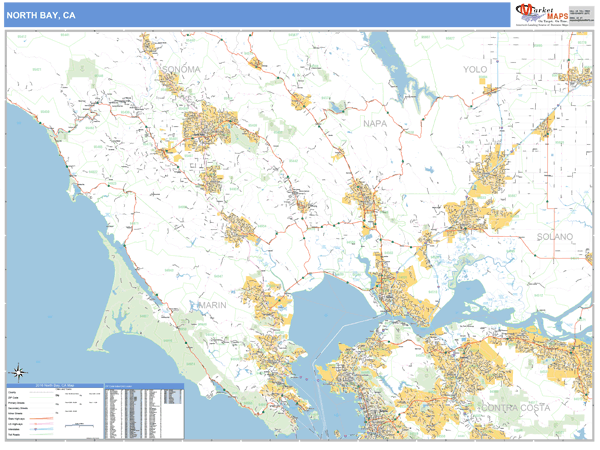 North Bay, CA Metro Area Zip Code Wall Map Basic Style by MarketMAPS