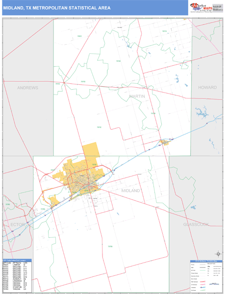 Midland, TX Metro Area Zip Code Wall Map Basic Style by MarketMAPS