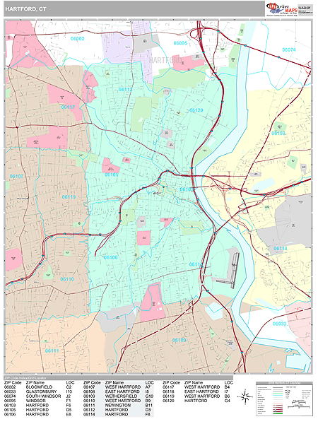 Hartford Connecticut Wall Map (Premium Style) by MarketMAPS