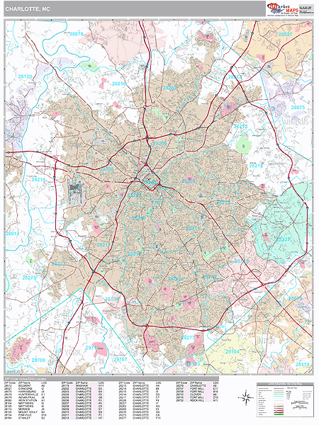 Charlotte North Carolina Zip Code Wall Map (Premium Style) by MarketMAPS