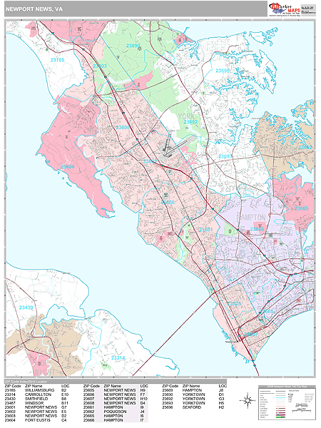 Newport News Virginia Wall Map (Premium Style) by MarketMAPS