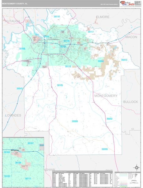 Montgomery County, AL Wall Map Premium Style by MarketMAPS