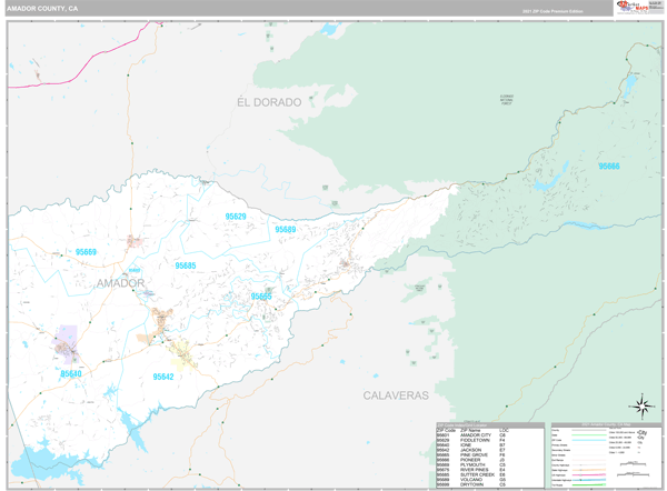 Amador County, CA Wall Map Premium Style by MarketMAPS