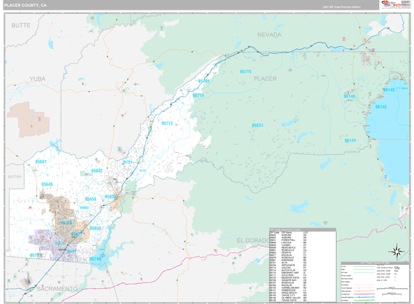 Placer County, CA Wall Map Premium Style by MarketMAPS