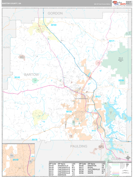 Bartow County, GA Wall Map Premium Style by MarketMAPS