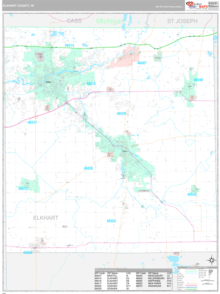 Elkhart County, IN Wall Map Premium Style by MarketMAPS