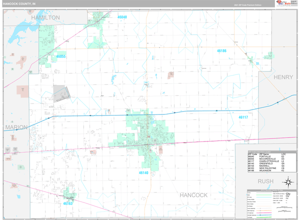 Hancock County, IN Wall Map Premium Style by MarketMAPS